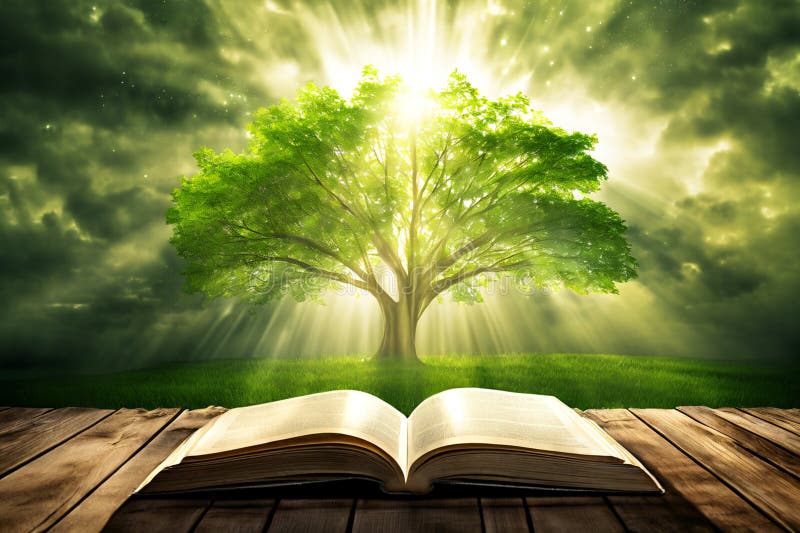 Open Book with Magical Green Tree Stock Illustration - Illustration of ...