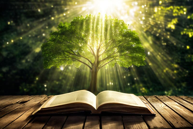 Open Book with Magical Green Tree Stock Illustration - Illustration of ...