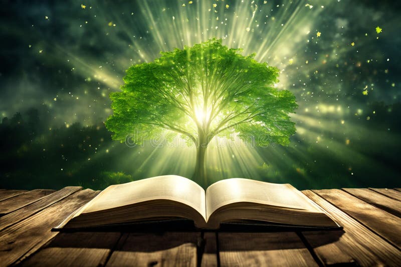 Open Book with Magical Green Tree Stock Illustration - Illustration of ...