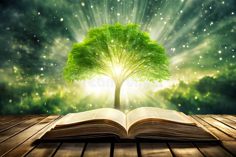 Open Book with Magical Green Tree Stock Photo - Image of land, cover ...