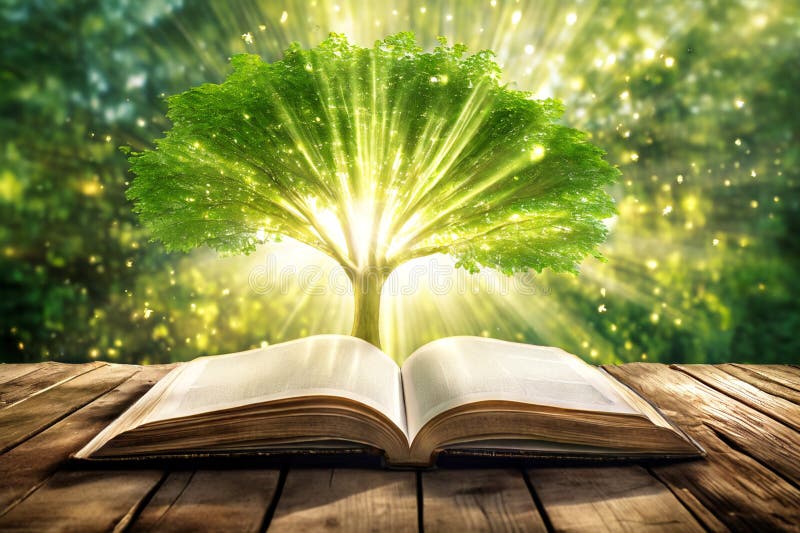 Open Book with Magical Green Tree Stock Photo - Image of creativity ...
