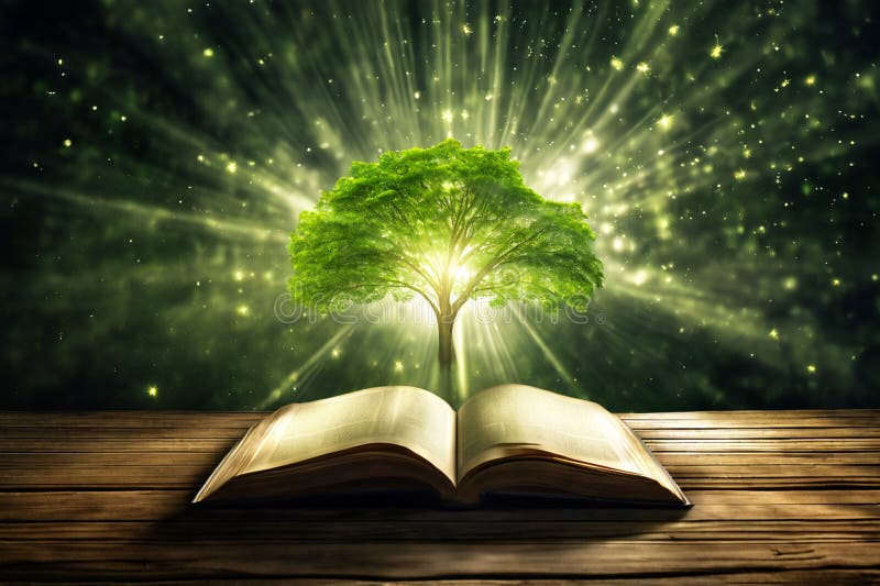 Open Book with Magical Green Tree Stock Image - Image of imagination ...