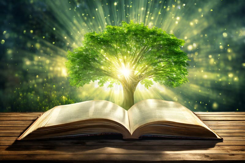 Open Book with Magical Green Tree Stock Image - Image of grow ...