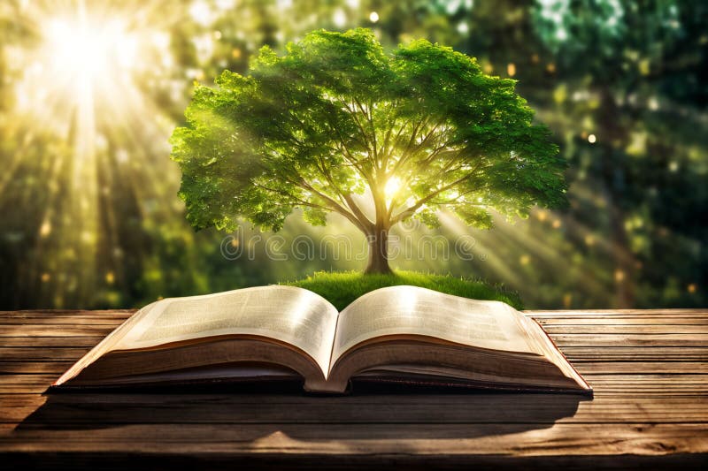 Open Book with Magical Green Tree Stock Illustration - Illustration of ...