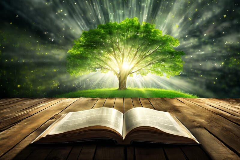 Open Book with Magical Green Tree Stock Illustration - Illustration of ...