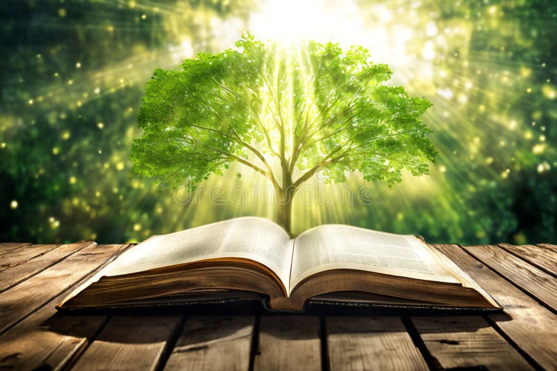 Open Book with Magical Green Tree Stock Illustration - Illustration of ...