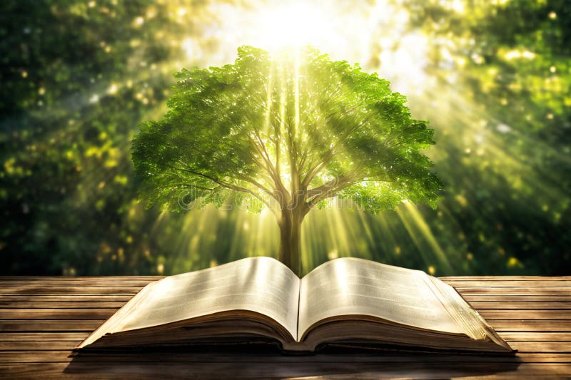 Open Book with Magical Green Tree Stock Illustration - Illustration of ...
