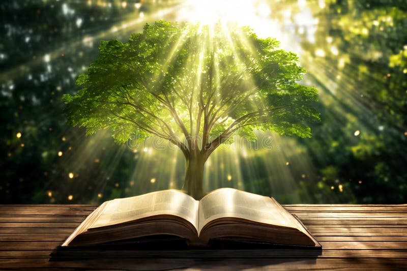 Open Book with Magical Green Tree Stock Illustration - Illustration of ...
