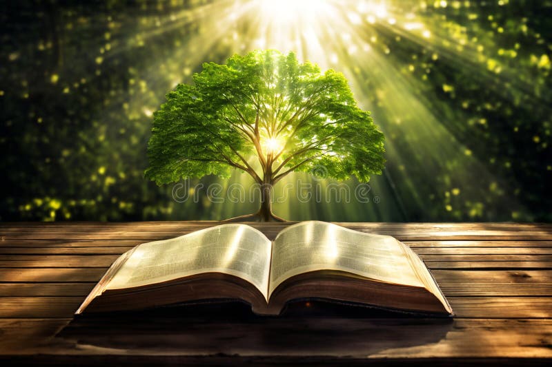 Open Book with Magical Green Tree Stock Illustration - Illustration of ...