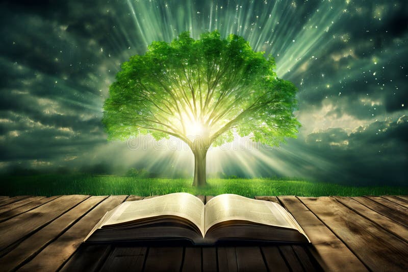 Open Book with Magical Green Tree Stock Illustration - Illustration of ...