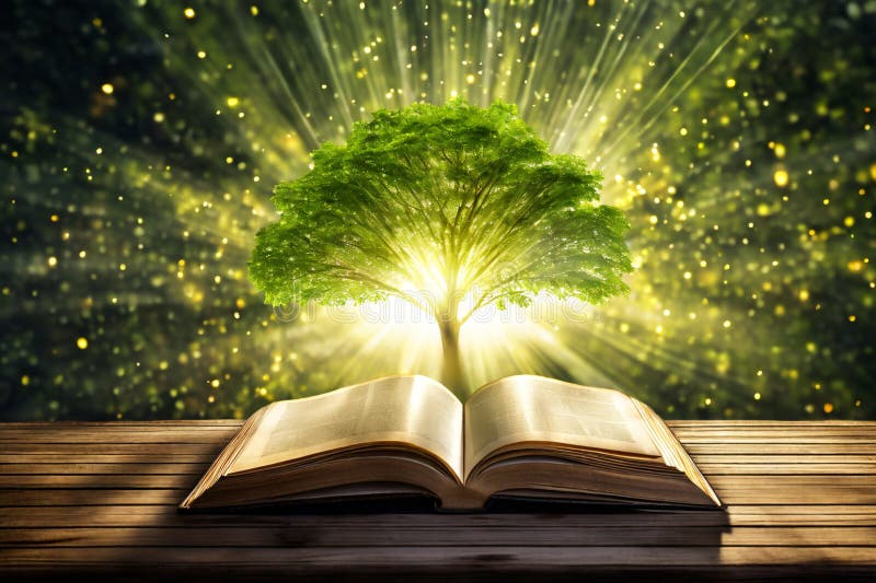 Open Book with Magical Green Tree Stock Illustration - Illustration of ...