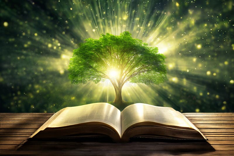 Open Book with Magical Green Tree Stock Illustration - Illustration of ...