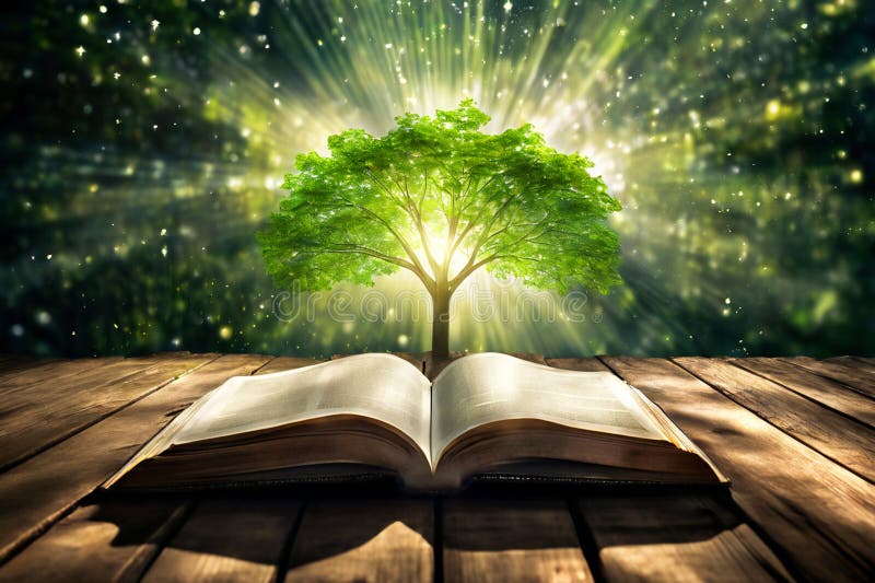 Open Book with Magical Green Tree Stock Illustration - Illustration of ...