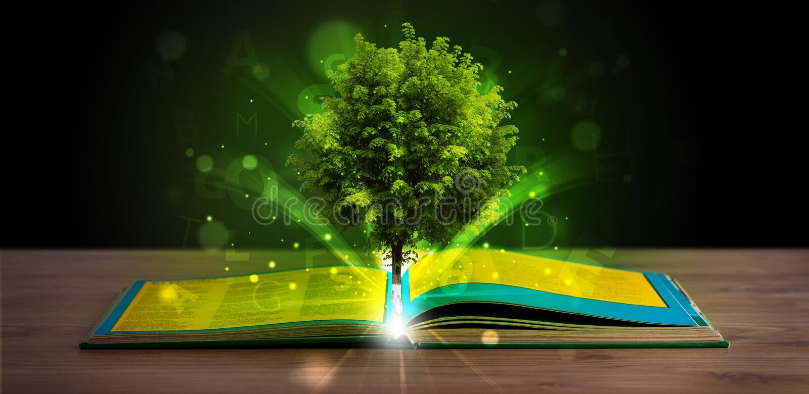 Open Book with Magical Green Tree and Rays of Light Stock Illustration ...
