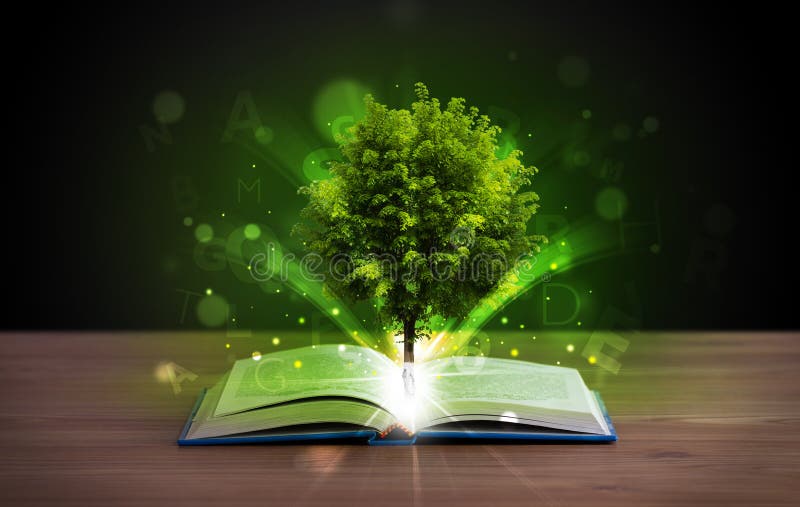Open Book with Magical Green Tree and Rays of Light Stock Image - Image ...