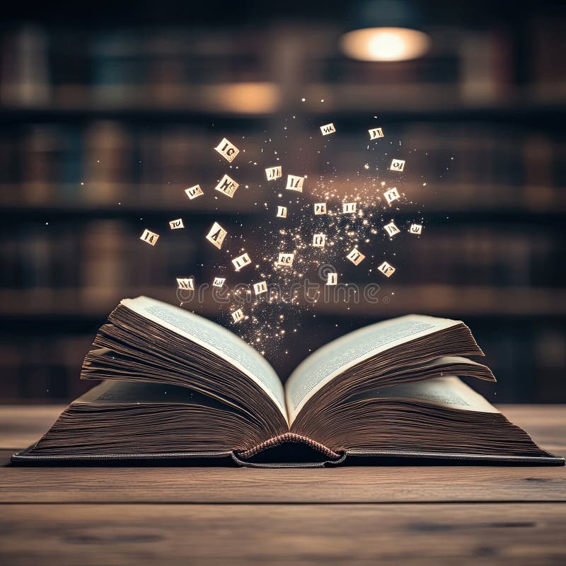 Open Book with Magical Letters Stock Illustration - Illustration of ...