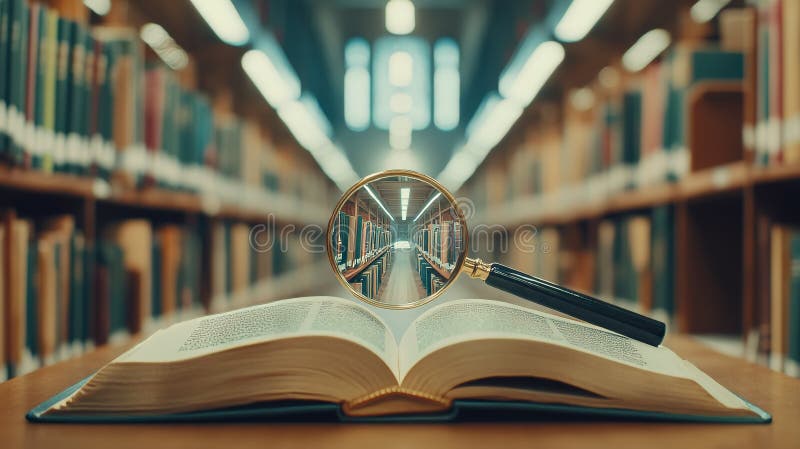 An Open Book with a Magnifying Glass in Front of a Blurred Library ...