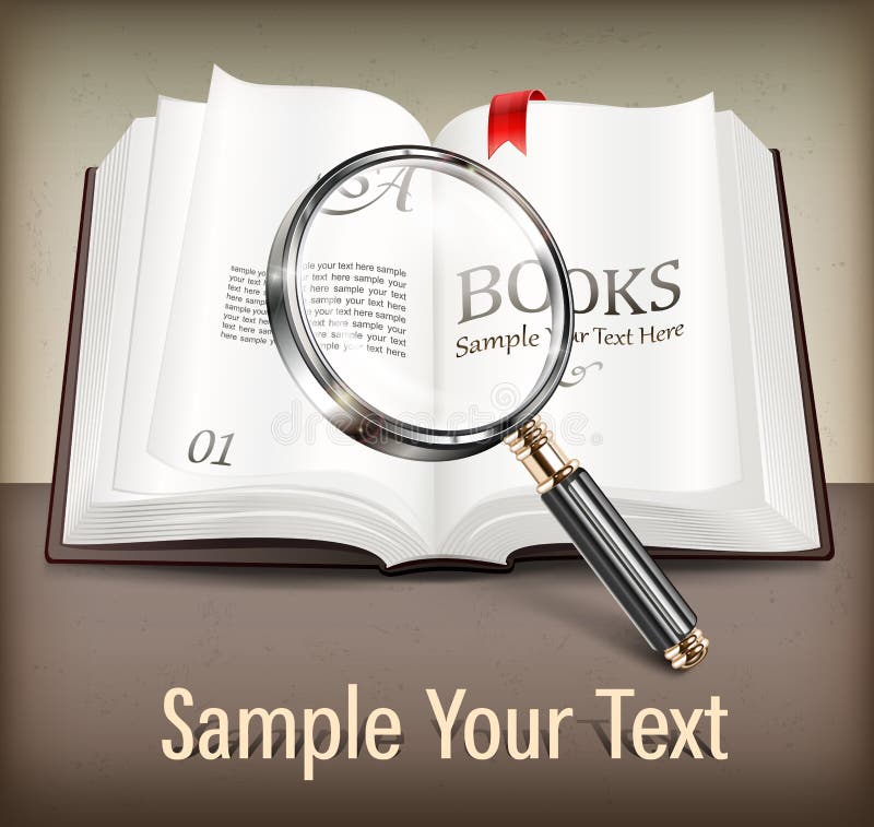 Open Book and Magnifying Glass on Table Stock Vector - Illustration of ...