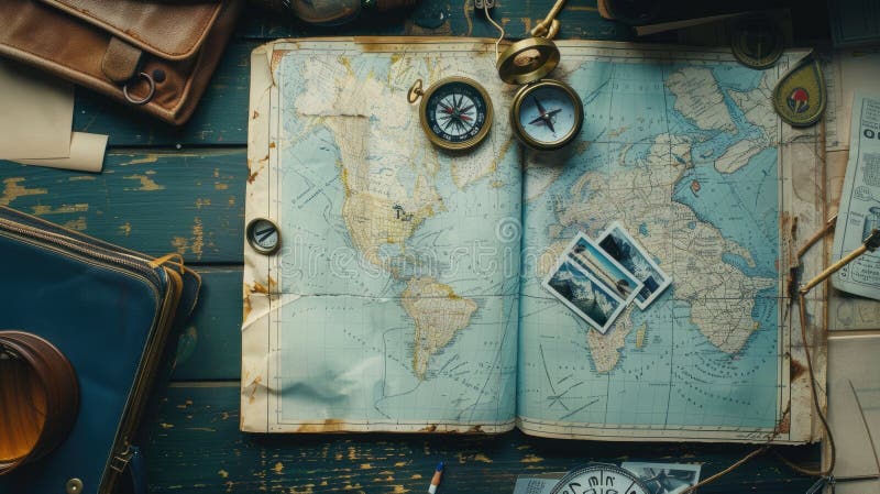 An Open Book with a Map and Compass, Surrounded by Wood and Art AIG50 ...