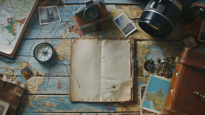 An Open Book with a Map and Compass, Surrounded by Wood and Art AIG50 ...