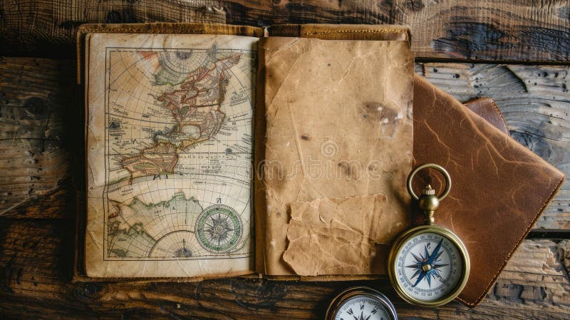 An Open Book with a Map and Compass, Surrounded by Wood and Art AIG50 ...