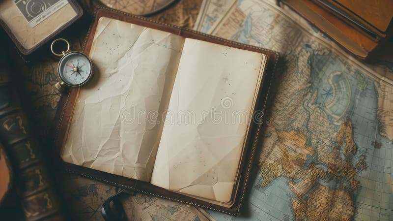 An Open Book with a Map and Compass, Surrounded by Wood and Art AIG50 ...