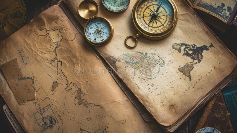 An Open Book with a Map and Compass, Surrounded by Wood and Art AIG50 ...