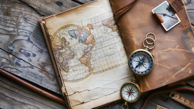 An Open Book with a Map and Compass, Surrounded by Wood and Art AIG50 ...