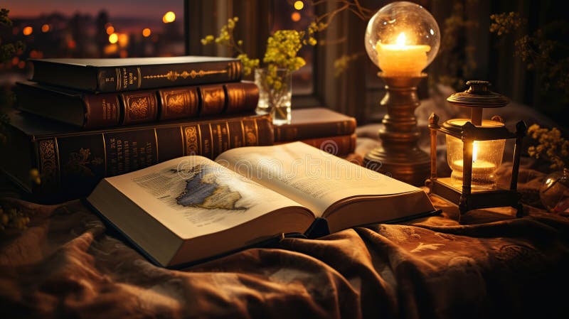 An Open Book with a Map Inside Lays on a Table with a Candlelit Lantern ...