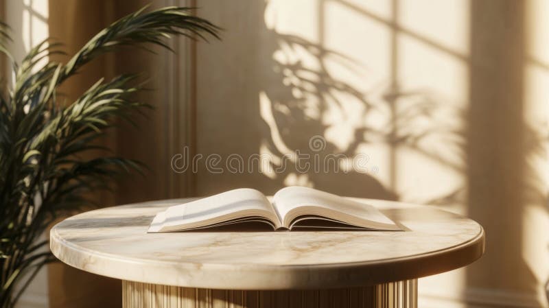 Open Book on Marble Table in Sunlit Room Stock Illustration ...