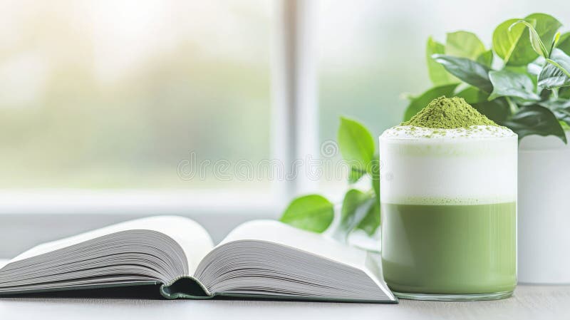 Open Book and Matcha Latte on Table with Green Plant Decor. Generative ...
