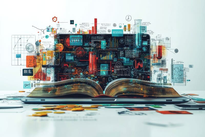 Open Book Merges with Laptop Featuring Educational Science Elements ...