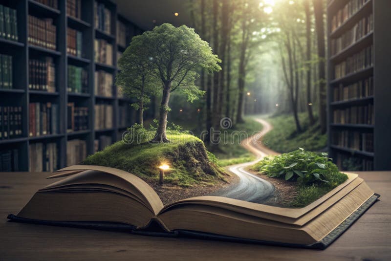Open Book with Miniature Forest and Pathway, Symbolizing Imagination ...