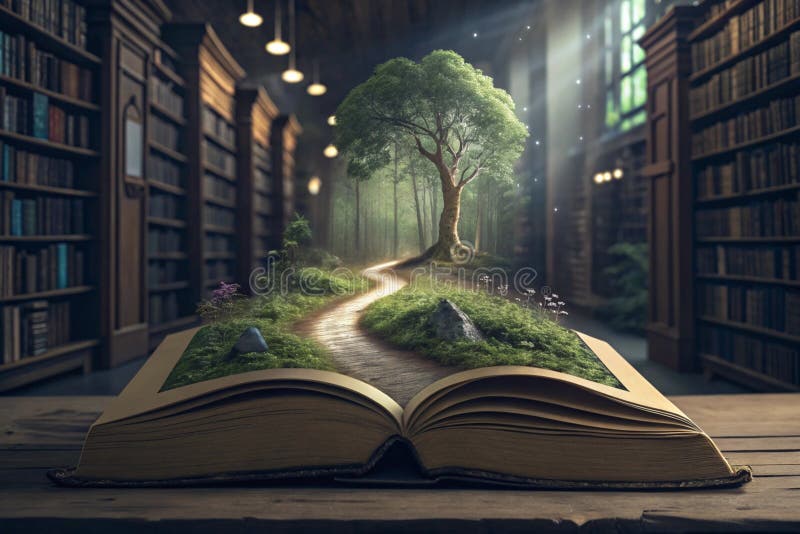 Open Book with Miniature Forest and Pathway, Symbolizing Imagination ...