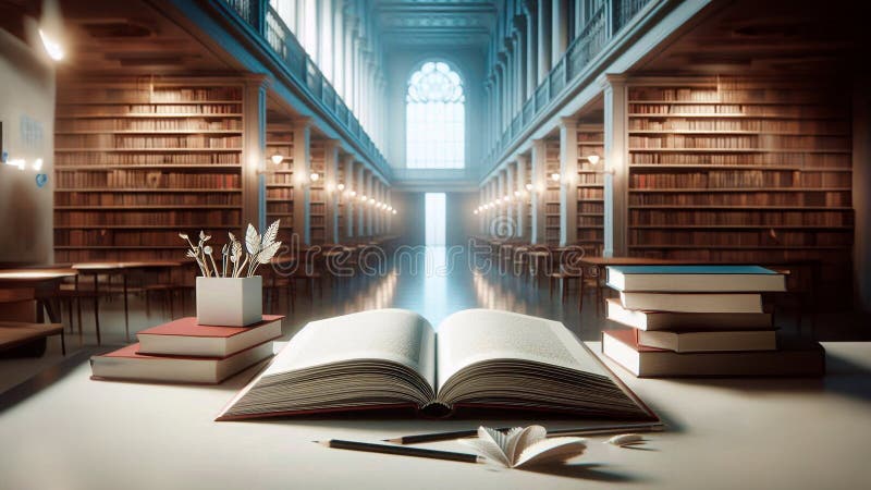 Open Book in Minimalist Style on Library Background, Educational ...