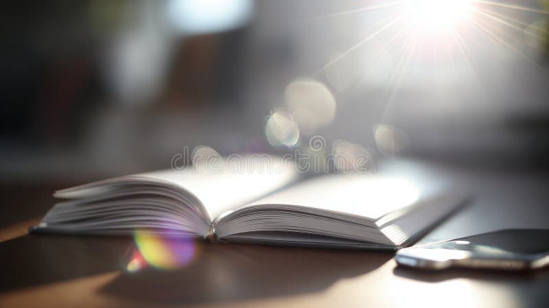 Open Book and Mobile Phone Sit on a Desk Surface in Warm, Diffused ...