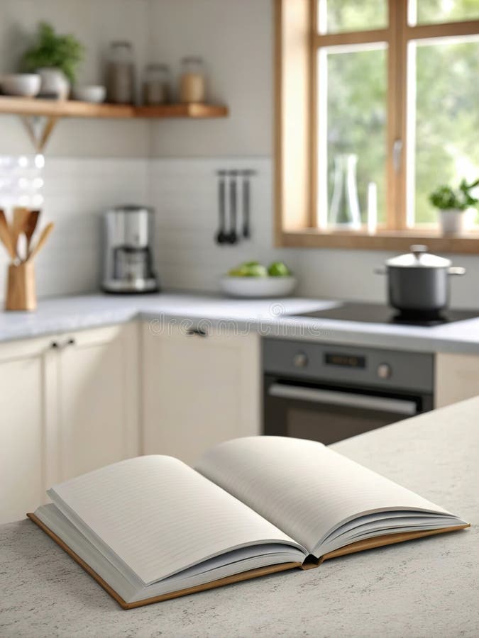 Open Book Mockup in Bright Kitchen Setup Stock Illustration - Illustration of decor, setup ...