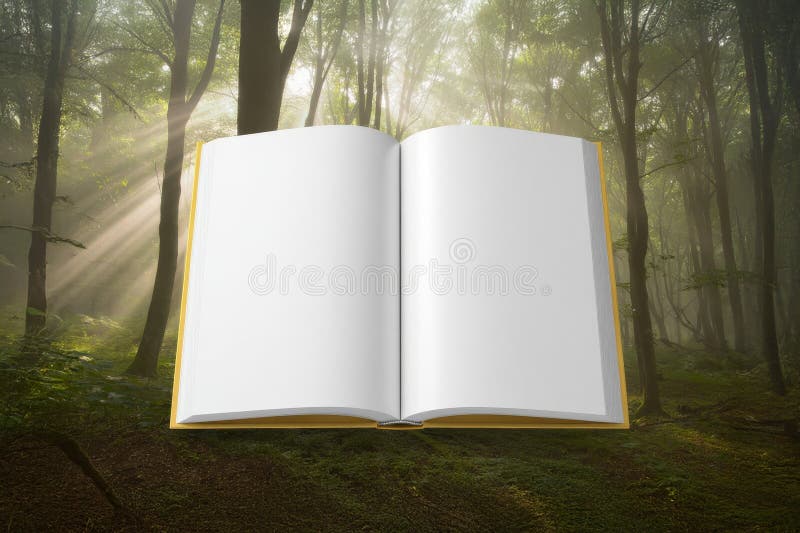 Open Book Mockup in a Forest Clearing with Sunlight Filtering through ...