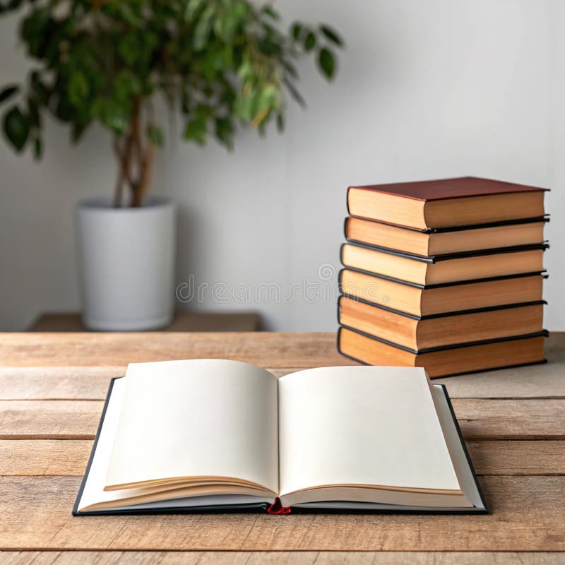 Open Book Mockup Next To a Small Stack of Novels Stock Illustration ...