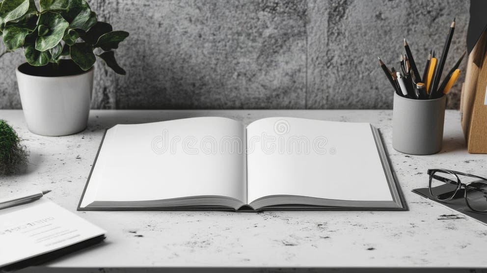 Open Book on Modern Grey Desk Workspace Stock Illustration ...