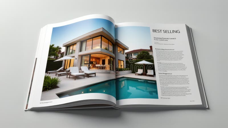 Open Book with Modern Home Interior Design and Pool Stock Illustration ...