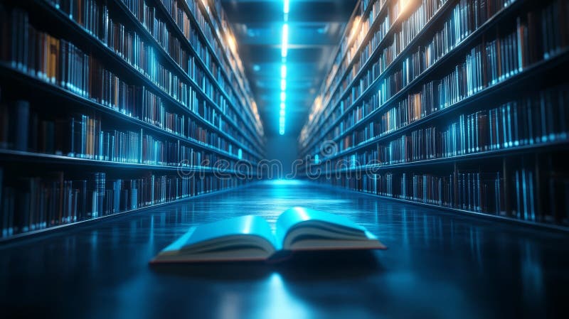 Open Book in Modern Library Aisle with Shelves Stock Illustration ...