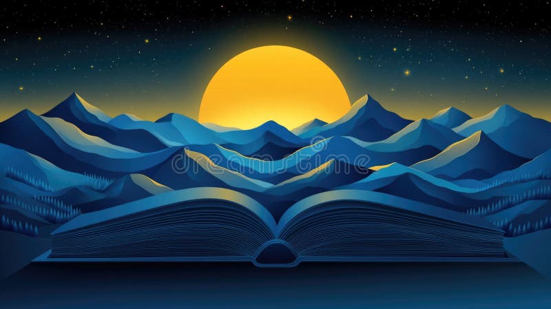 Open Book with Mountain Landscape and Sunset Under Starry Sky Stock ...