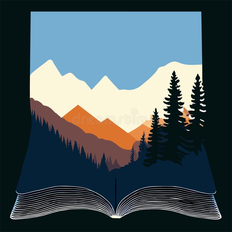 Open Book with Mountains and Forest in the Background. Vector ...