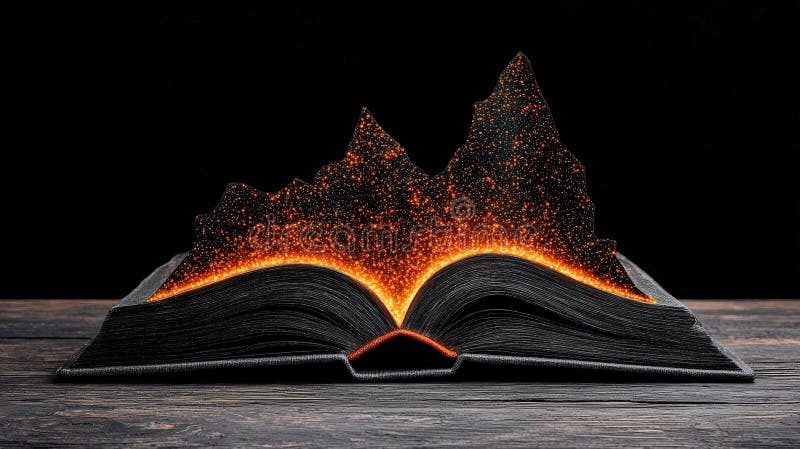 An Open Book with Mountains and Lava Glowing in Dramatic Artistic ...