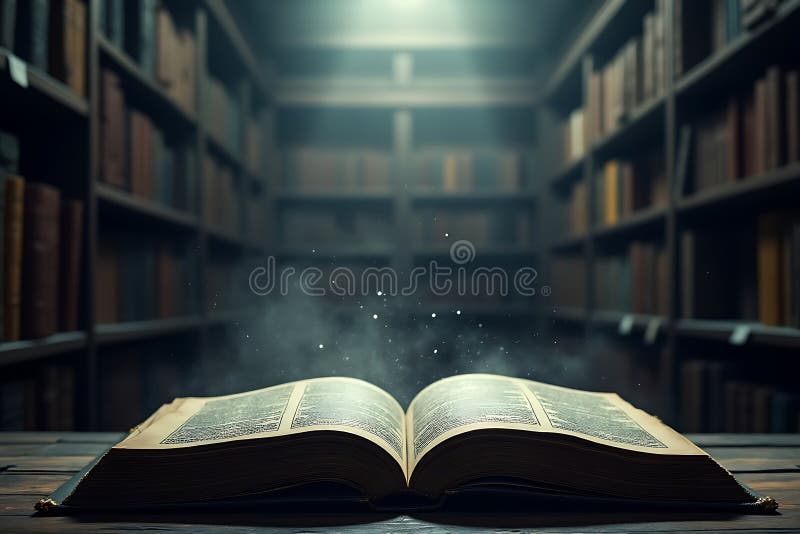 Open Book in a Mystical Library Setting Unveiling Secrets and Knowledge Amidst Towering ...