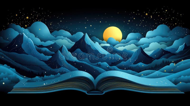 Open Book with Mystical Night Sky and Mountains Scene Under Full Moon ...