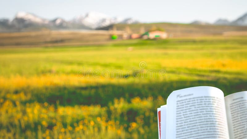 Open Book in Nature with Blurred Village View and Space for Copy Text ...