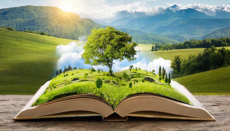 Open Book with Nature Landscape Stock Illustration - Illustration of ...