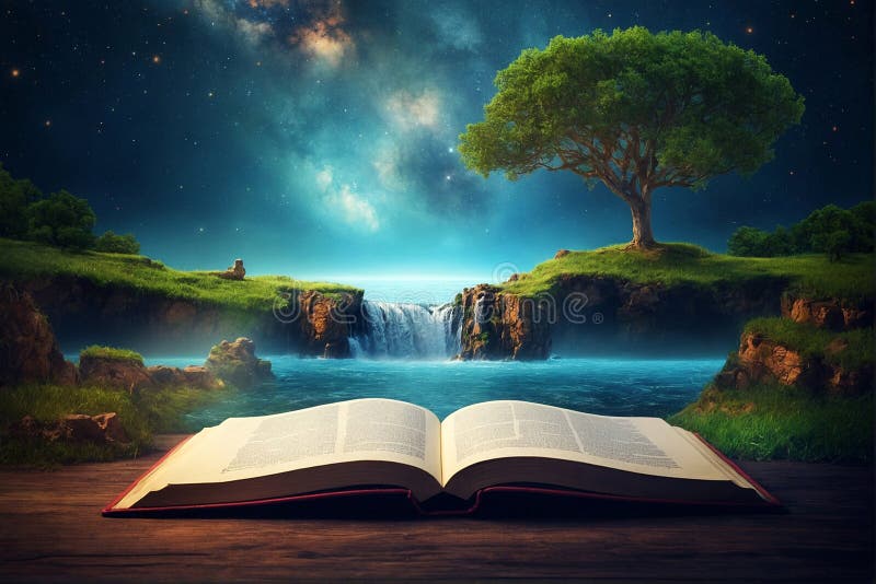 Open Book with Nature Landscape and Waterfall on Background Stock ...